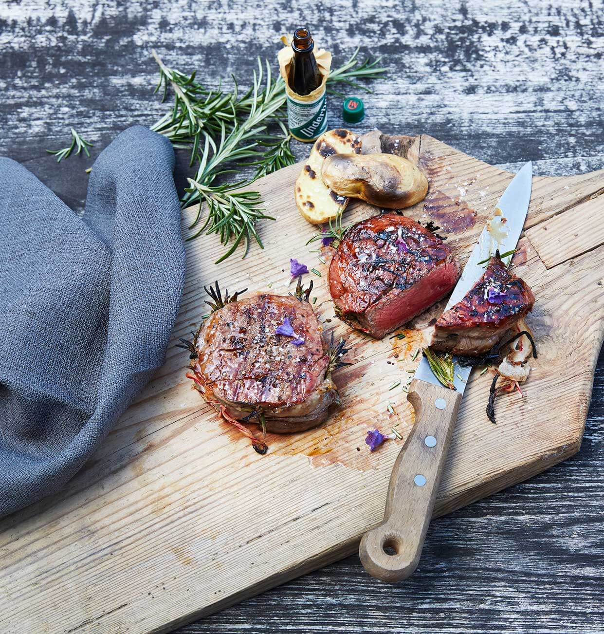 Grilled Beef Fillet Steak Wrapped In Bacon With Rosemary Feathers Underberg English